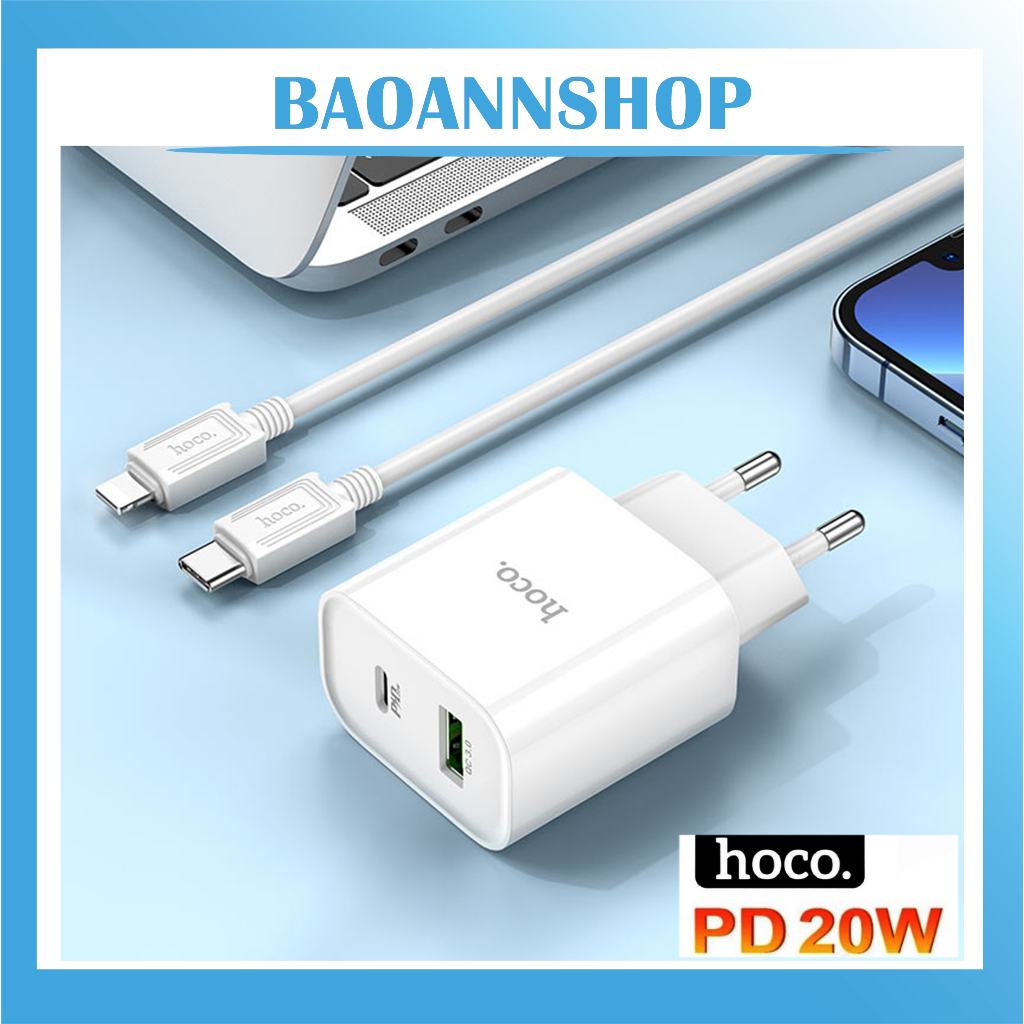Bộ Củ Cáp Sạc Nhanh PD20W cho ip Siêu Bền Chính Hãng Hoco C80A gồm 2 cổng USB và C dài 1m bảo ...