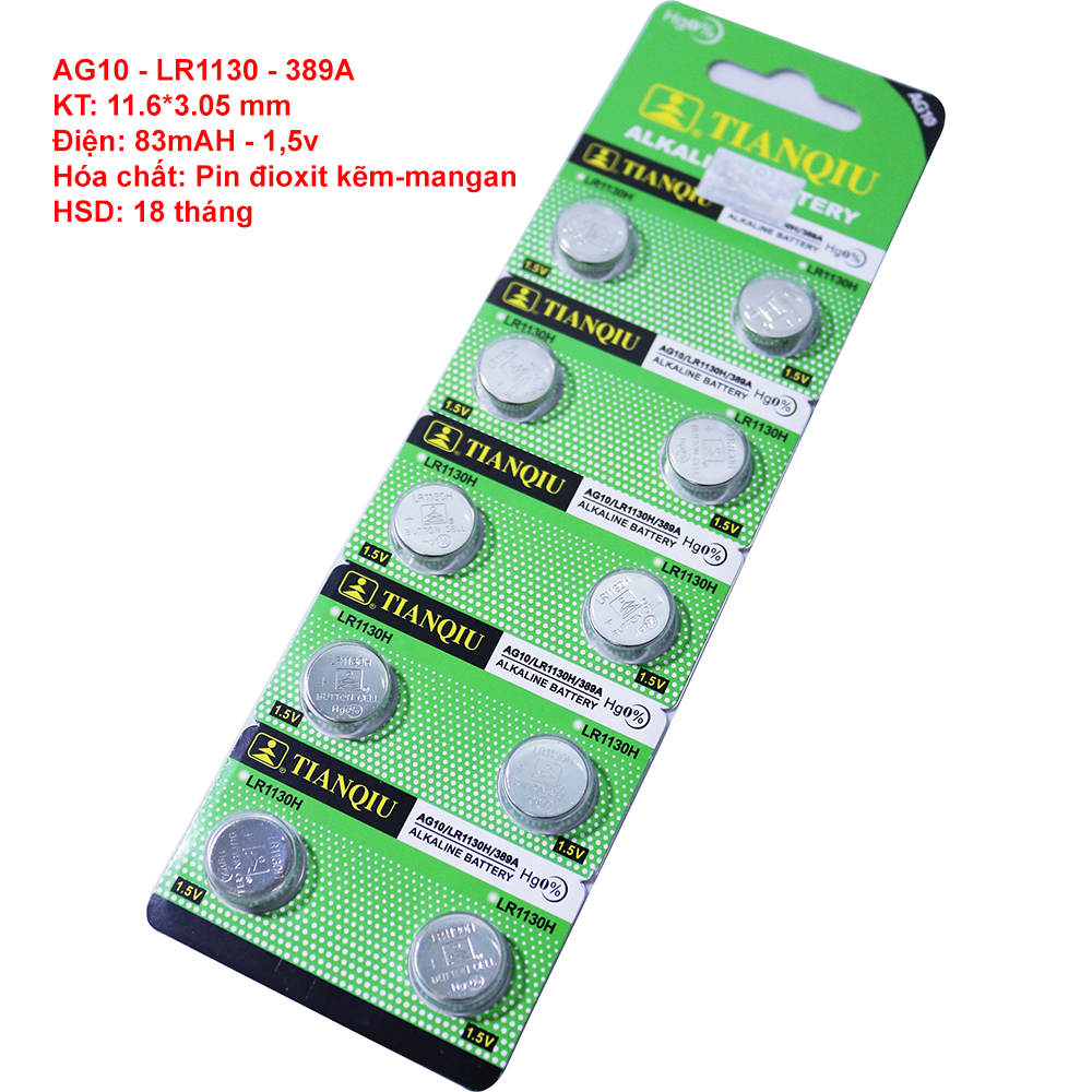 1 Vỉ 10 viên pin AG10 - LR1130 - 389A - 1,5V đồng hồ đeo tay đồ điện tử ...