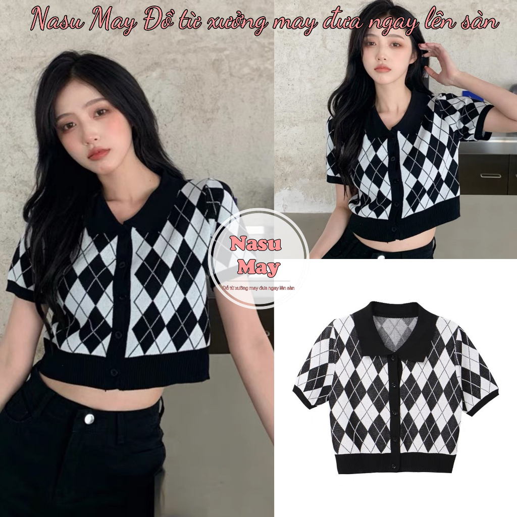 Áo Cardigan Croptop, áo Khoác Nữ Tay Ngắn Cổ Bẻ Kẻ Kim Cương (croptop kim cương) | Shopee Việt Nam