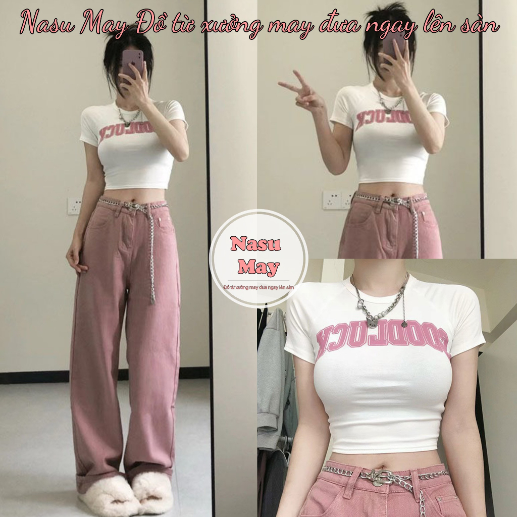 Áo Croptop Goodluck Chữ Hồng nữ màu trắng | Shopee Việt Nam