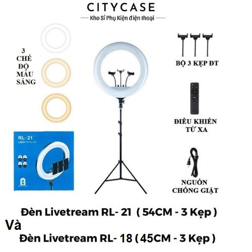 Đèn livetream to RL21 Size 54cm và RL18 Size 45cm có 3 đầu kep điều khiển từ xa hỗ trợ chụp ảnh ...