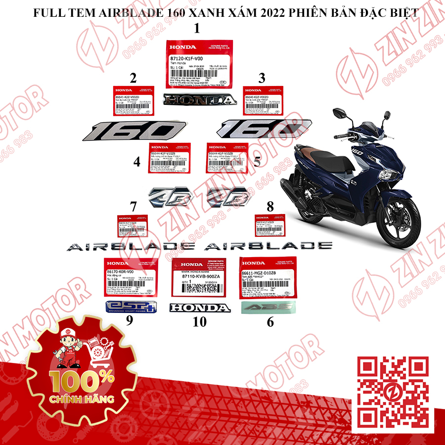 Tem AB 2022 Zin, Tem Rời Xe AirBlade 160 2022 Xanh Xám Phiên Bản Tiêu ...