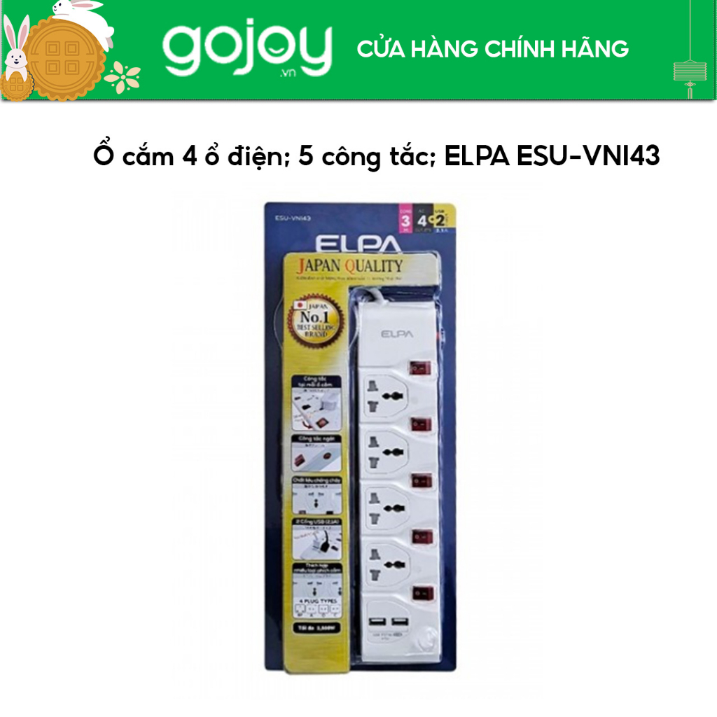 Ổ cắm 4 ổ điện; 5 công tắc; 3m; 2xUSB ELPA ESU-VNI43 - Hàng Chính Hãng | Shopee Việt Nam