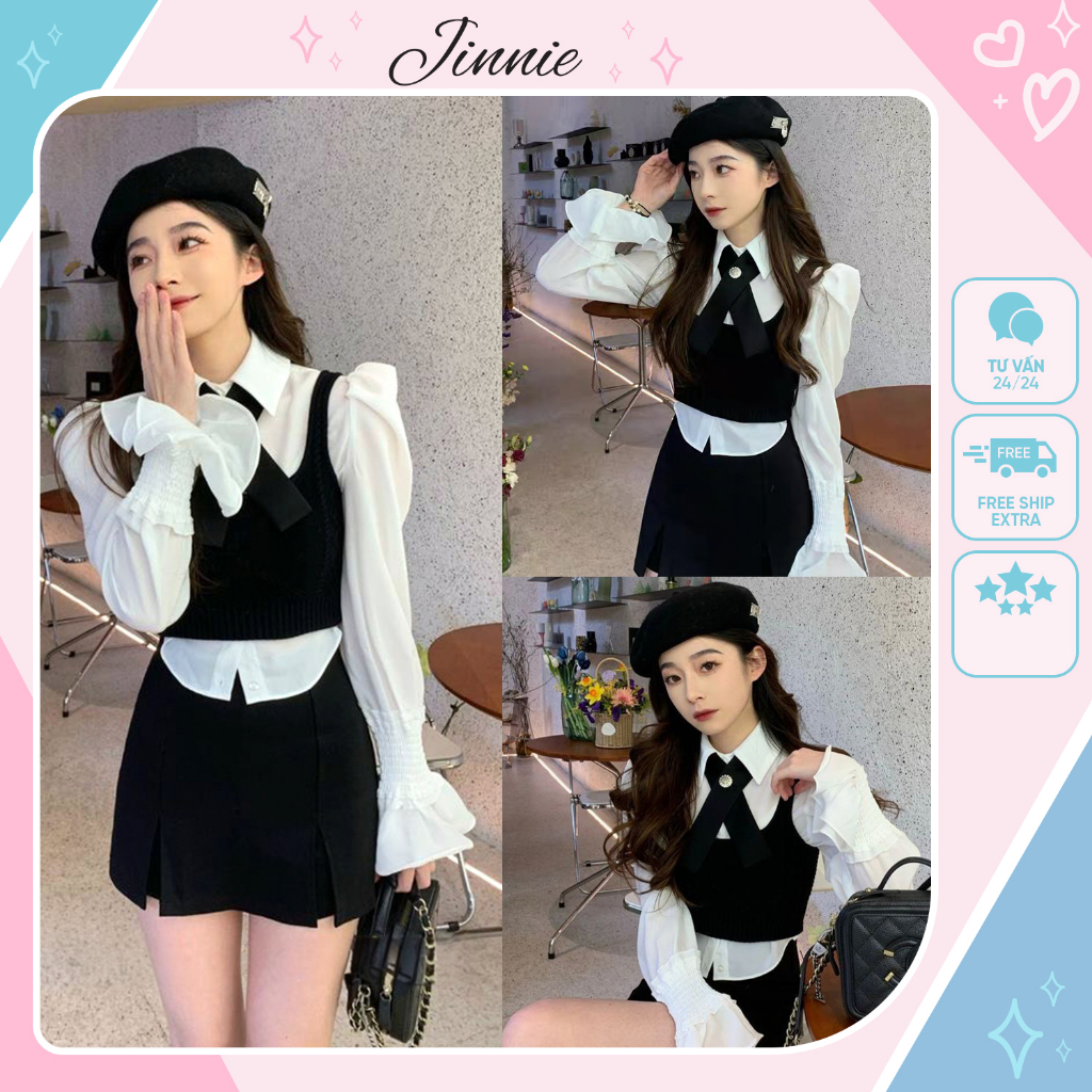 Set sơ mi đính nơ phối áo gile ngoài kèm quần váy siêu xinh tiểu thư | Shopee Việt Nam