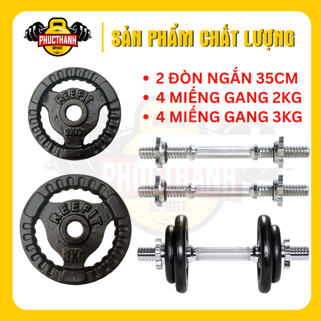 Bộ 2 tạ tay tháo lắp miếng gang tạ bánh gang 3 lỗ 11.7kg (2 đòn 35cm, 4 ...