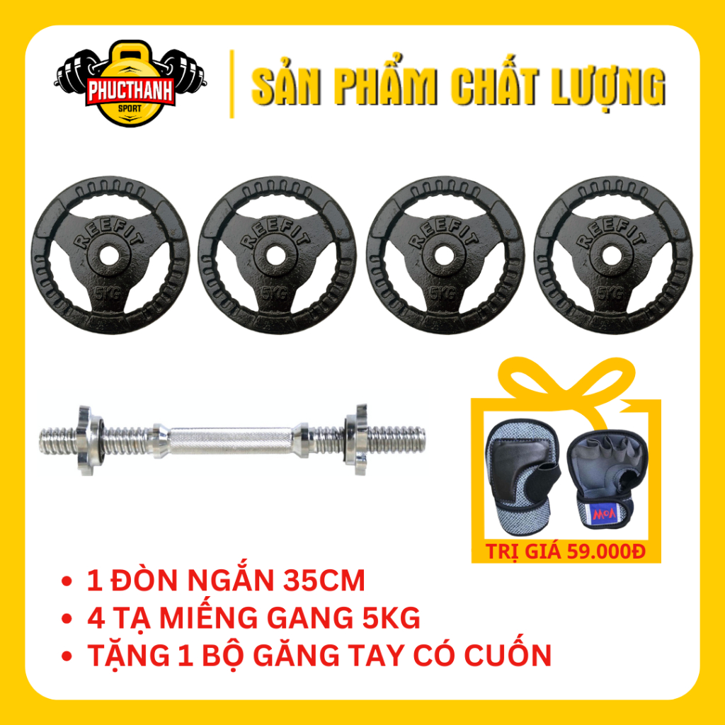 Bộ tạ tay tháo lắp miếng gang tạ bánh gang 3 lỗ 21.5kg (1 đòn 35cm + 4 ...