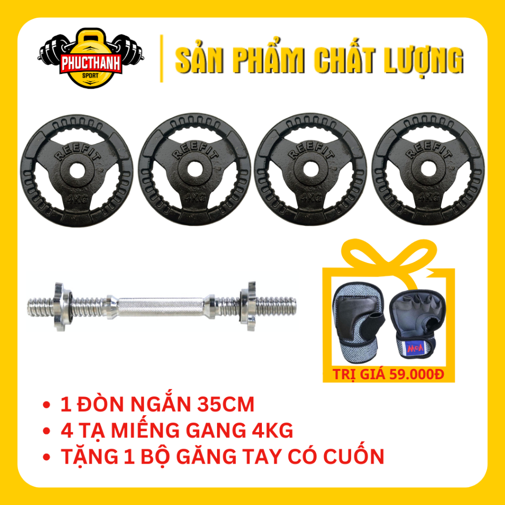 Bộ tạ tay tháo lắp miếng gang bánh gang 3 lỗ 17.5kg (1 đòn 35cm + 4 ...