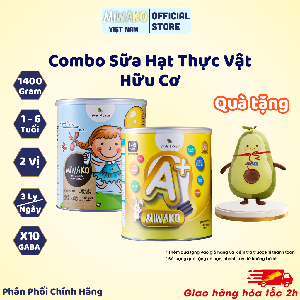 [Tặng Quà] Sữa công thức hạt thực vật hữu cơ Miwako vị gạo và Miwako A+ vị vani 700g (1,4kg ...