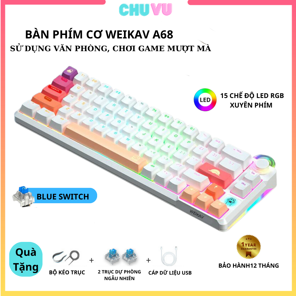 Bàn Phím Cơ Có Dây Tháo Rời WEIKAV A68 Hotswap - Nhỏ Gọn - LED Rainbow 15 Hiệu Ứng Xuyên Chữ ...