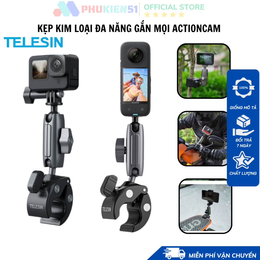 Kẹp kim loại Telesin 360 độ đa năng gắn ghi đông xe Actioncam, Gopro ...