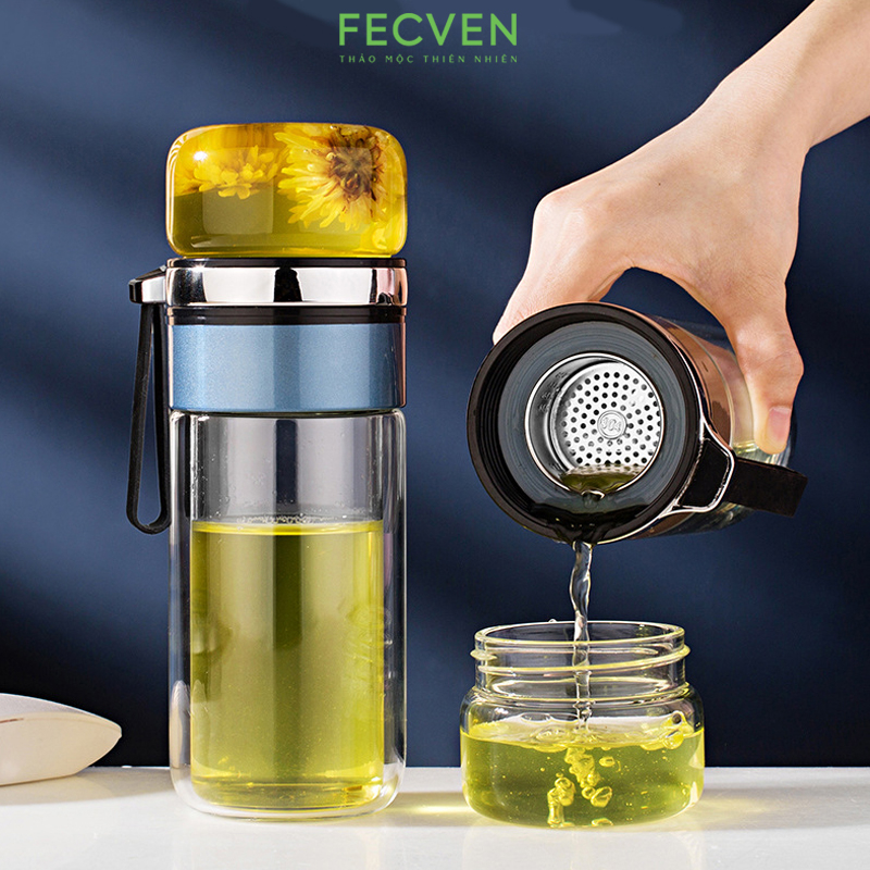 Bình Thủy Tinh Pha Trà 2 Lớp Có Lõi Lọc, Quai Xách Silicon Bền Bỉ, Dung Tích 420ml Fecven ...