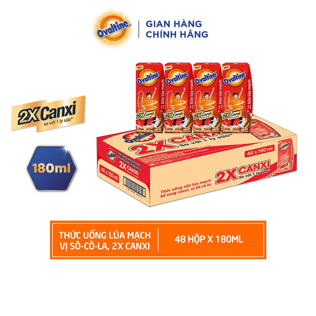 Thùng 48 hộp Thức uống lúa mạch gấp đôi Canxi hương vị sô-cô-la Ovaltine (180ml x 48) date mới ...