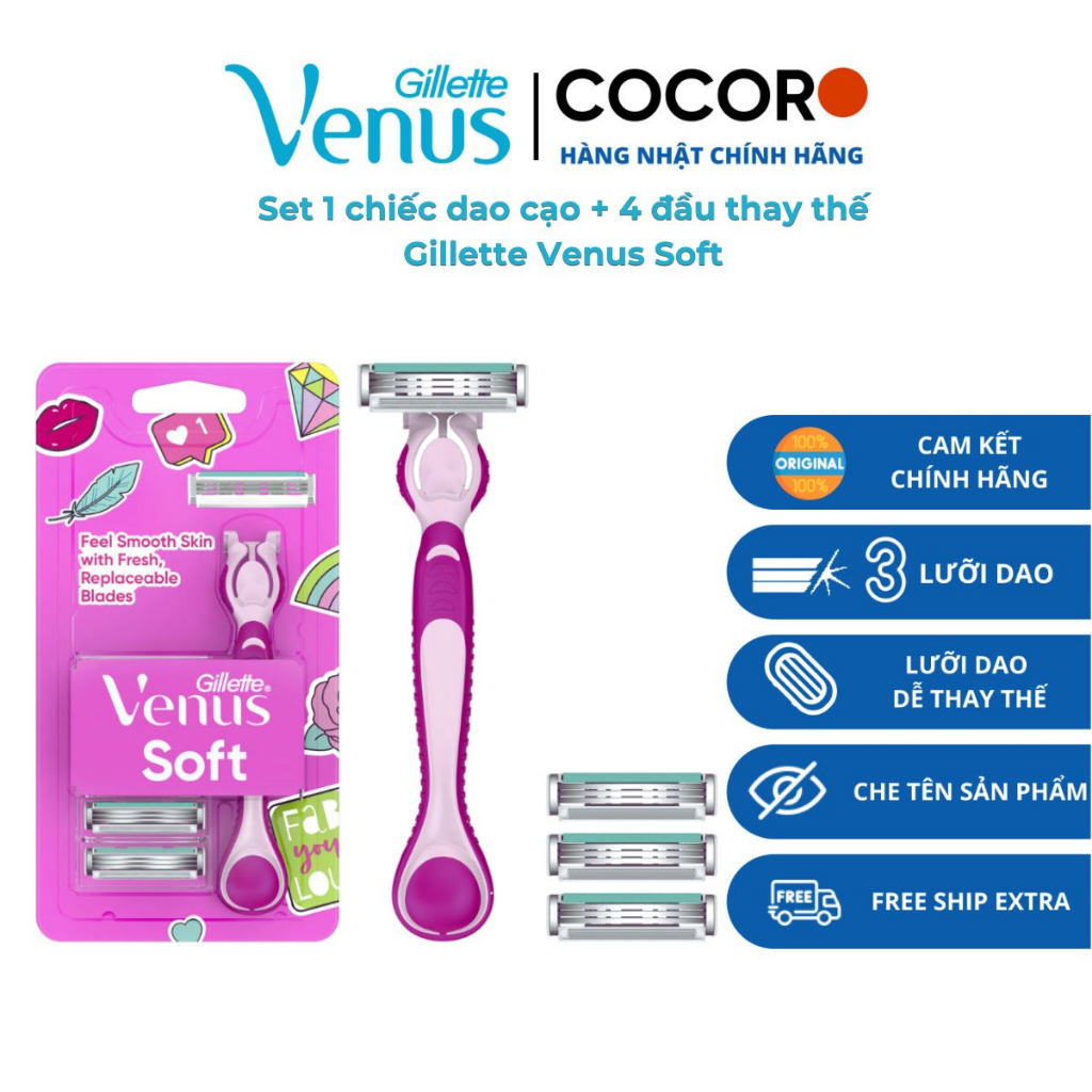 (CHE TÊN) Set dao cạo lông Venus Gillette Soft 3 lưỡi, 4 lưỡi thay thế. | Shopee Việt Nam