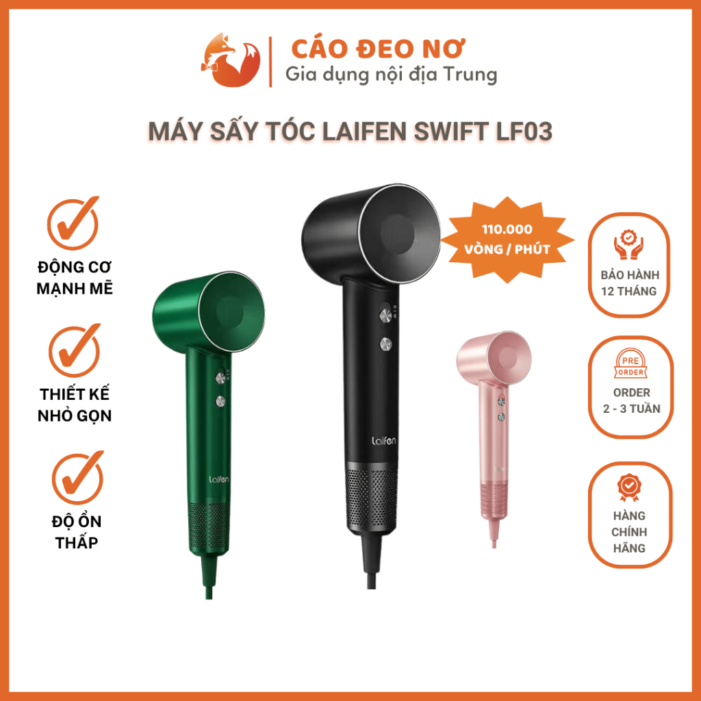 [Có bảo hành] [Chính hãng] Máy Sấy Tóc Ion Âm Tốc Độ Cao LAIFEN Swift LF03 7 màu - Cáo Đeo Nơ ...