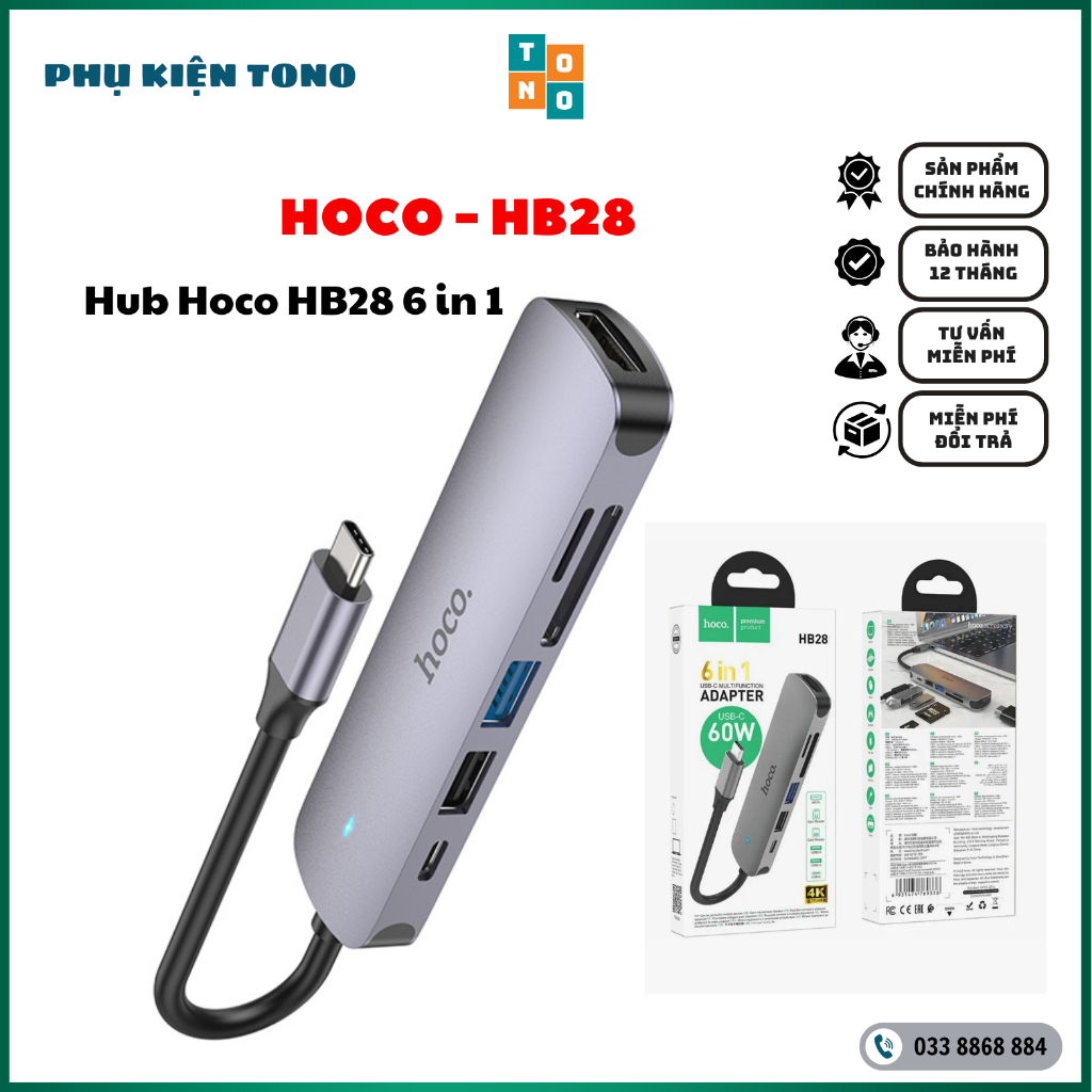 Hub Hoco HB28 6 in 1 Chuyển Type C Ra USB 3.0, HDMI, USB C, Thẻ Nhớ Tốc ...