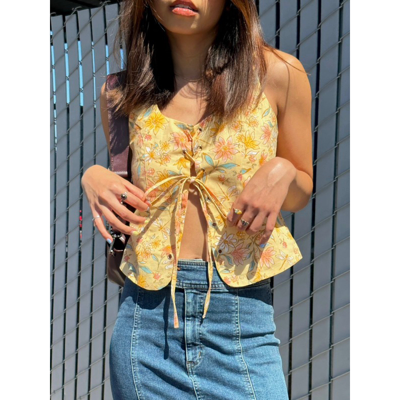 AMEGON Áo linen kiểu xỏ dây in hoa KIRI TOP | Shopee Việt Nam