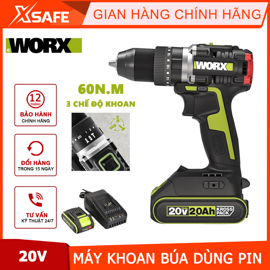 Máy khoan pin 3 chức năng motor không chổi than WORX WU369, máy khoan búa cầm tay momen 60Nm ...