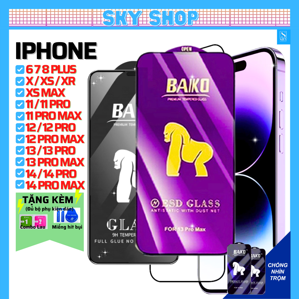 Cường lực Baiko Tím cho iphone 16 ProMax 15 ProMax 14 pro max 13 pro ...
