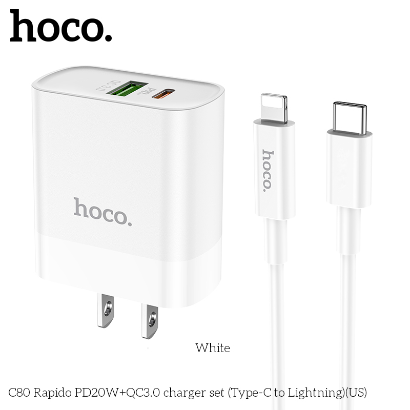 Bộ sạc nhanh Hoco C80 công suất 20W 2 cổng sạc USB và Type-C (PD) cáp PD 20W Lighting, TypeC ...
