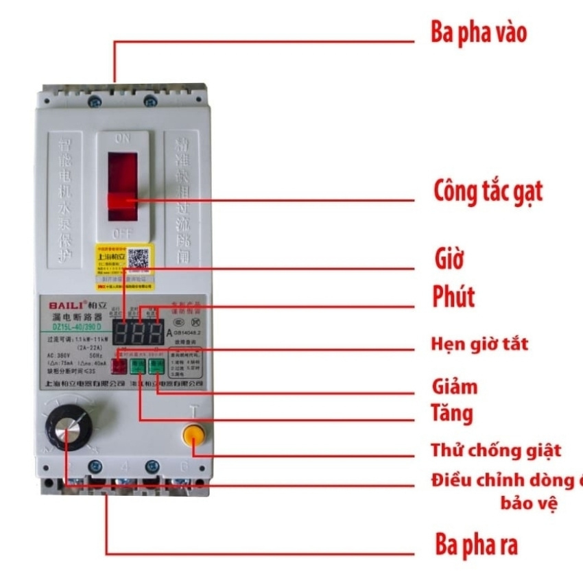 Aptomat 3 pha Baili 380V ,hẹn thời gian chạy, chống giật, chống mất pha,bảo vệ quá tải động cơ ...