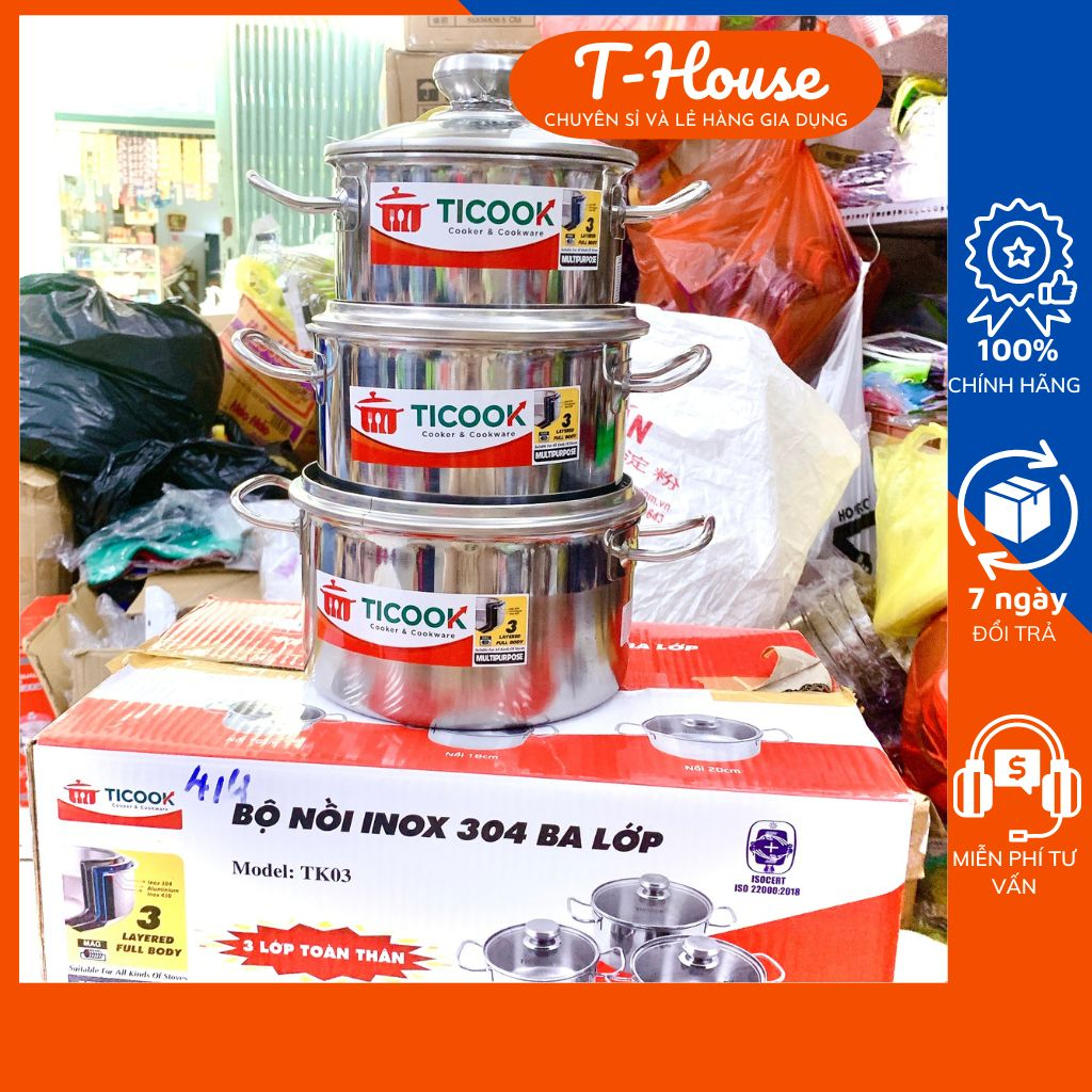 Bộ nồi TICOOK inox 304 3 lớp toàn thân, Bộ 3 nồi Ticook dùng được trên ...