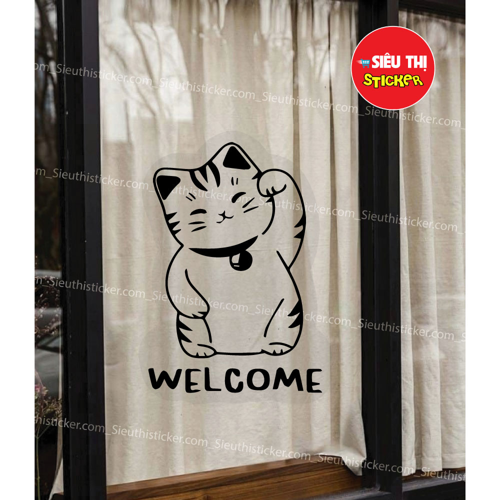 Decal trong suốt chữ WELCOME màu đen mẫu mèo cute, decal dán trang trí ...