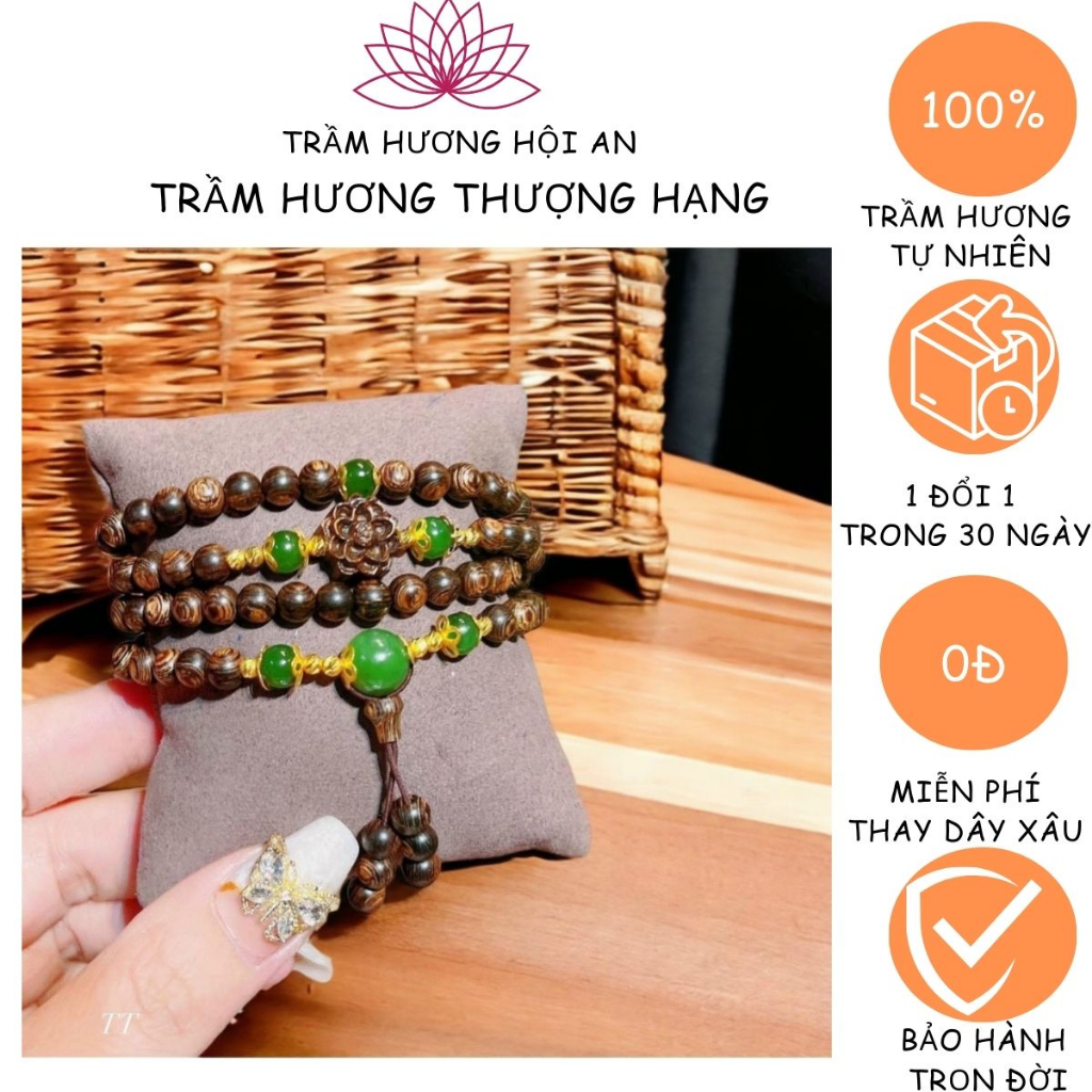 Chuỗi trầm hương sánh chìm 6ly 108 hạt mix charm sen, thạch sơn thủy,bi ...