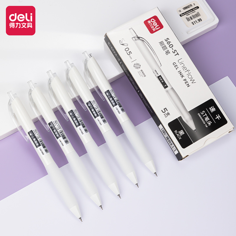 Bút gel Deli thiết kế trắng sang trọng ngòi 0,5mm mực đen bấm khô nhanh ...