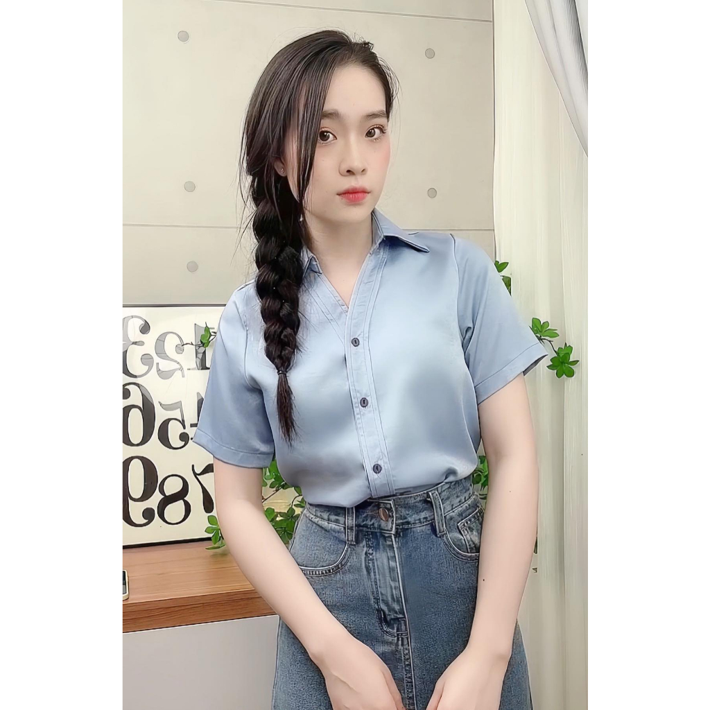 Áo sơ mi công sở nữ lụa tằm ướt cổ V tay ngắn LAMO -B1109 | Shopee Việt Nam