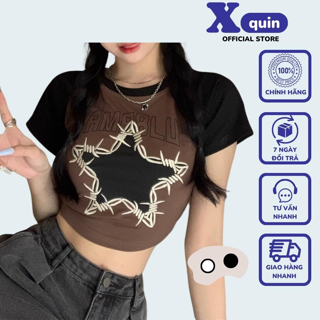 Áo croptop nữ ngắn tay phối màu in hình ngôi sao Xquin, Áo thun nữ dáng ...