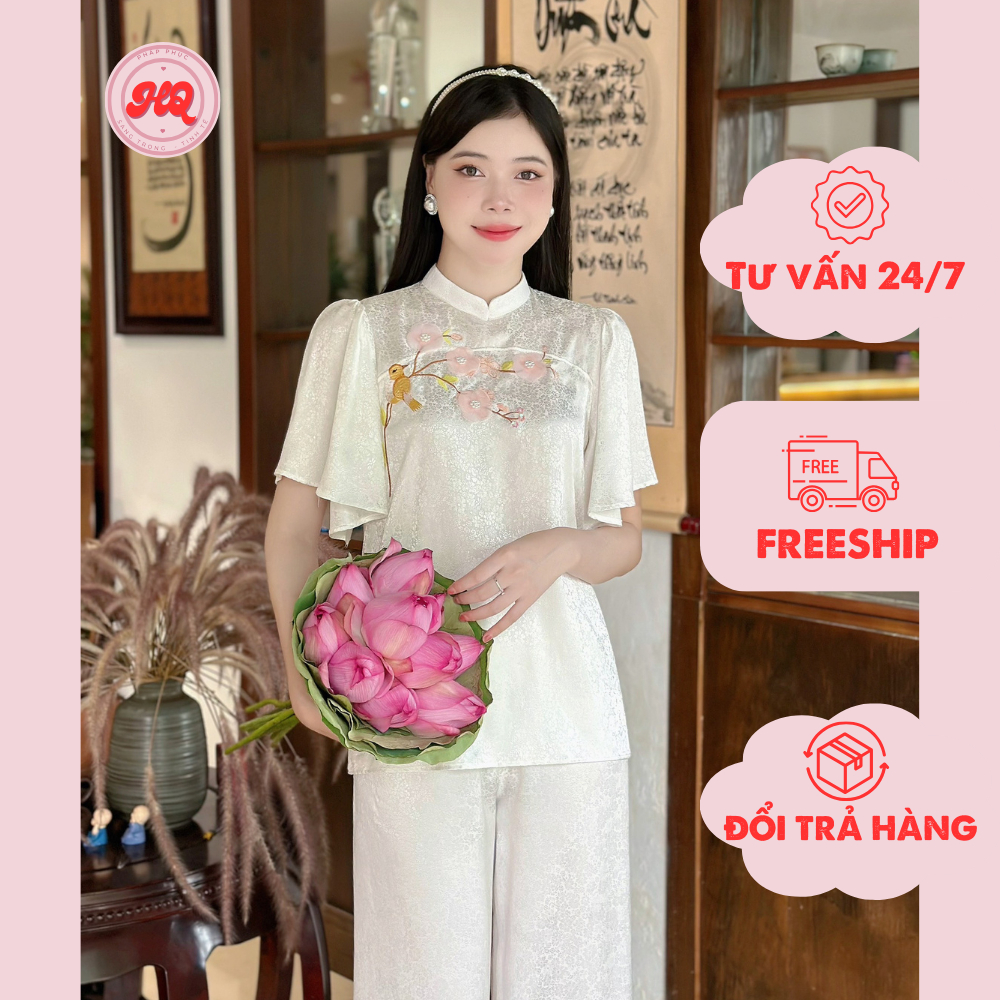 Pháp phục đi chùa, bộ đồ đi lễ chất liệu gấm tơ thêu và đính hoa nổi - Xưởng may pháp phục HQ ...