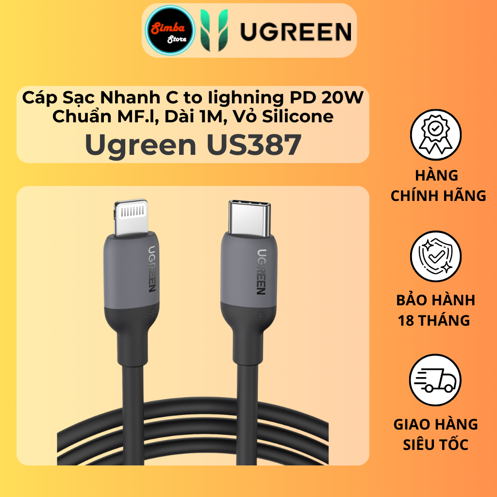 Cáp Sạc Nhanh C to Iining Ugreen US387 - PD 20W, Chuẩn MF-l, 480Mbps, Dài 1M, Vỏ Silicone chống ...