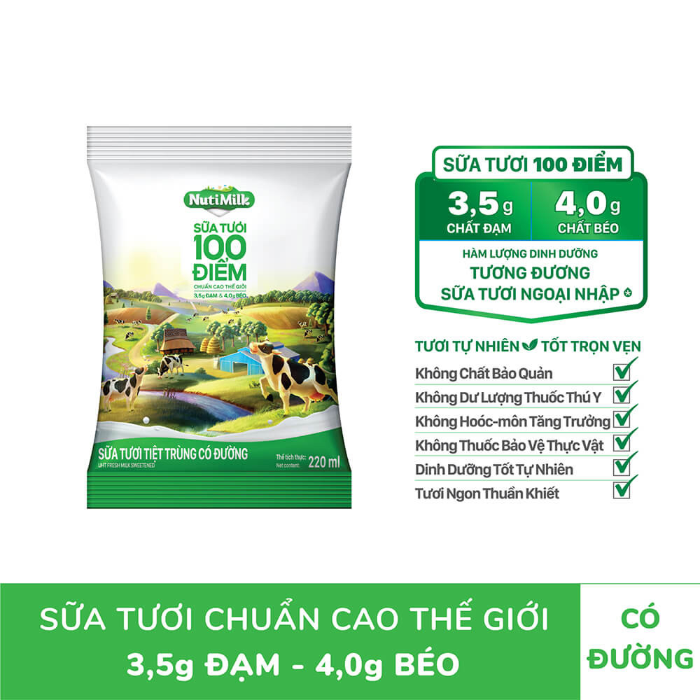 Bịch NutiMilk Sữa Tươi 100 Điểm Có Đường 220ml | Shopee Việt Nam