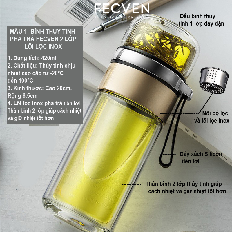 Bình Thủy Tinh Pha Trà 2 Lớp Có Lõi Lọc, Quai Xách Silicon Bền Bỉ, Dung Tích 420ml Fecven ...