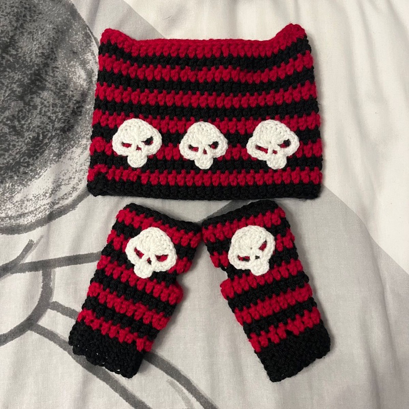 Mũ Cat beanie Skull, gloves, leg warmers phong cách Gothic - Len móc ...