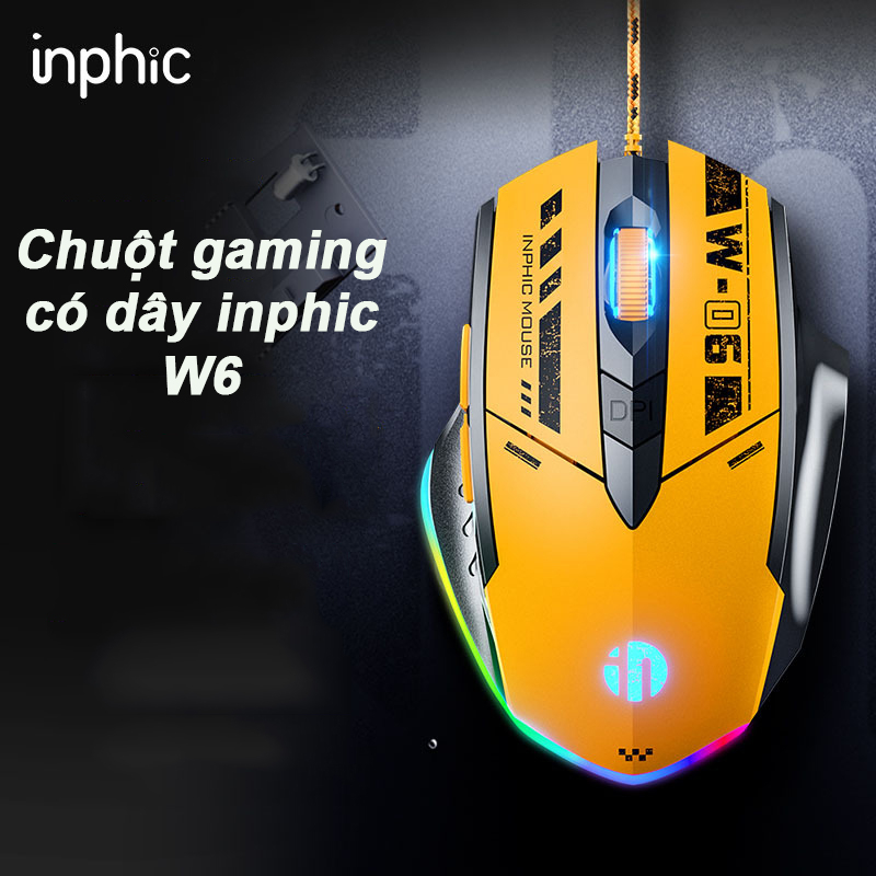 Chuột gaming máy tính có dây Inphic W6 có 6 nút hỗ trợ app led RGB 16 triệu màu 12800 DPI macro ...