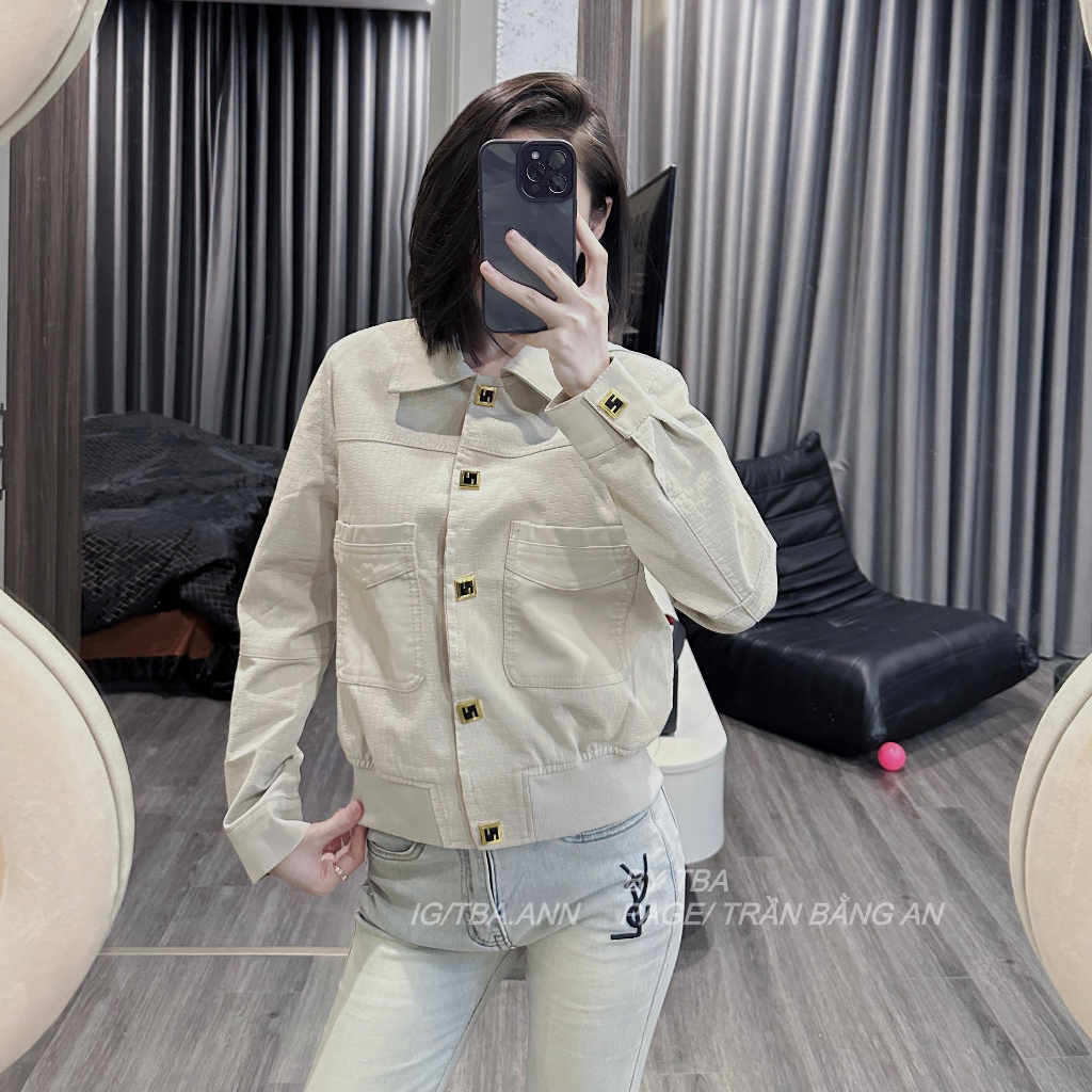 Áo khoác da SHUJI cổ bẻ dáng ngắn thiết kế cúc bấm dáng ngắn bo chun có túi phong cách cổ điển ...