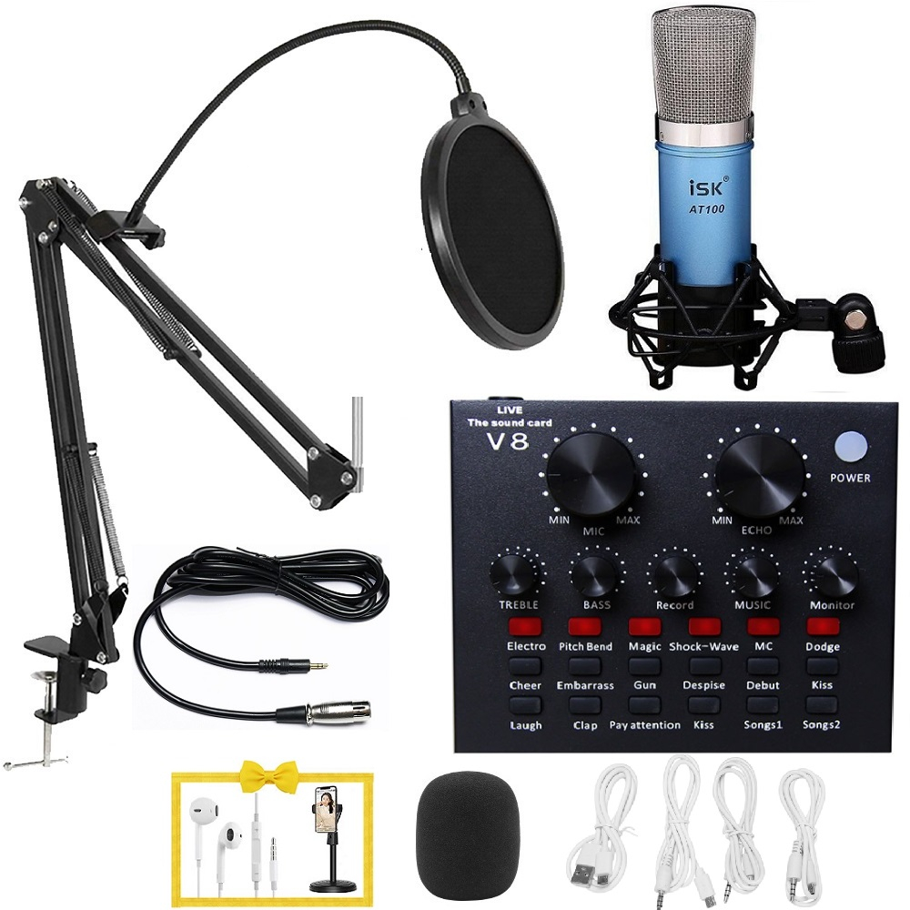 Combo bộ livestream: Micro ISK AT100, sound card V8, màng lọc âm POP FILTER, chân kẹp micro ...