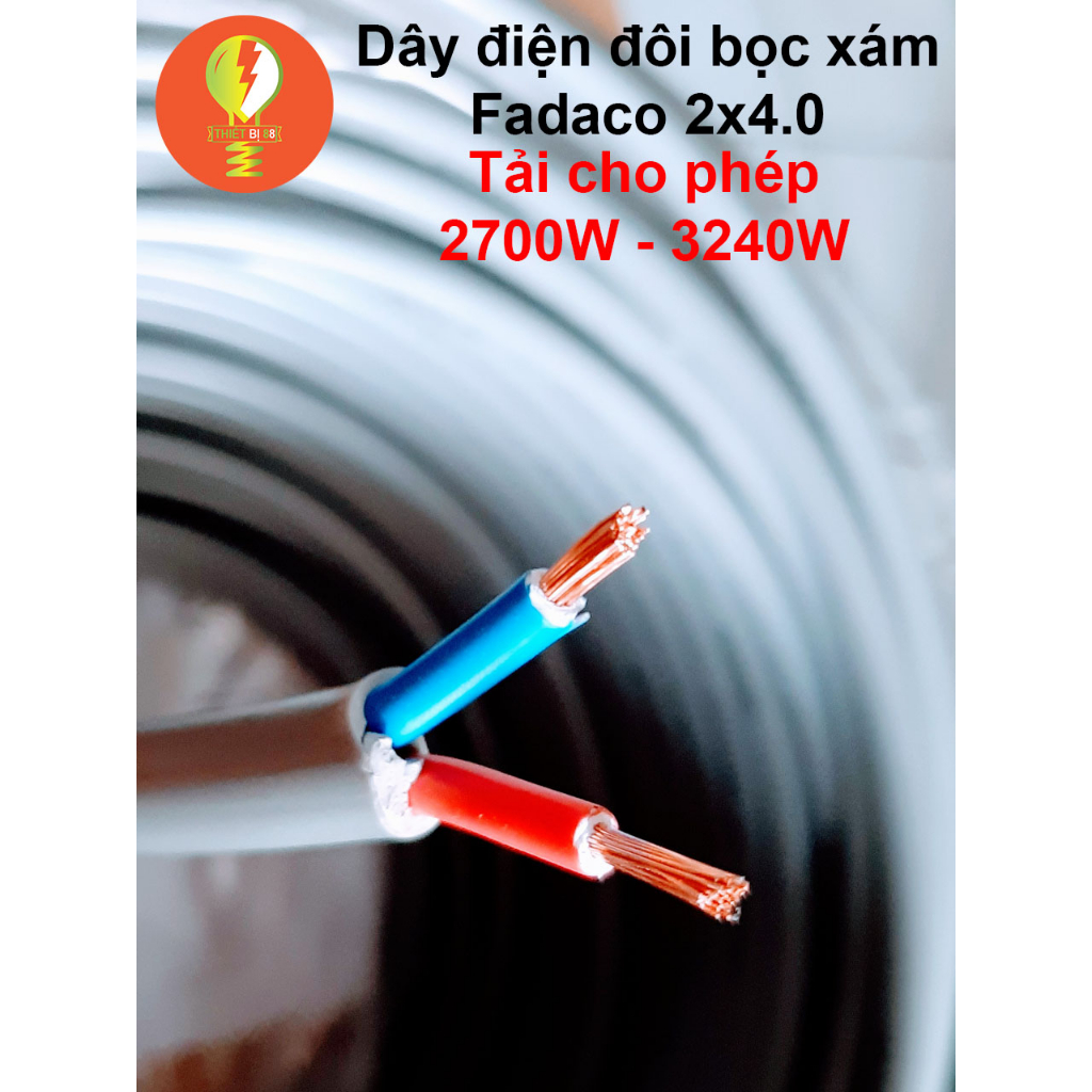 Dây điện 2 lõi 2x4.0 đồng nguyên chất, tròn xám, 2 vỏ bọc Fadaco 10m ...