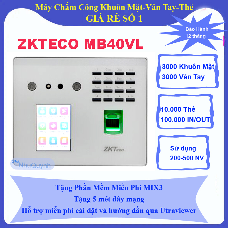Máy chấm công bằng Khuôn Mặt Vân Tay Và Thẻ ZKTECO MB40-VL Dung Lượng ...