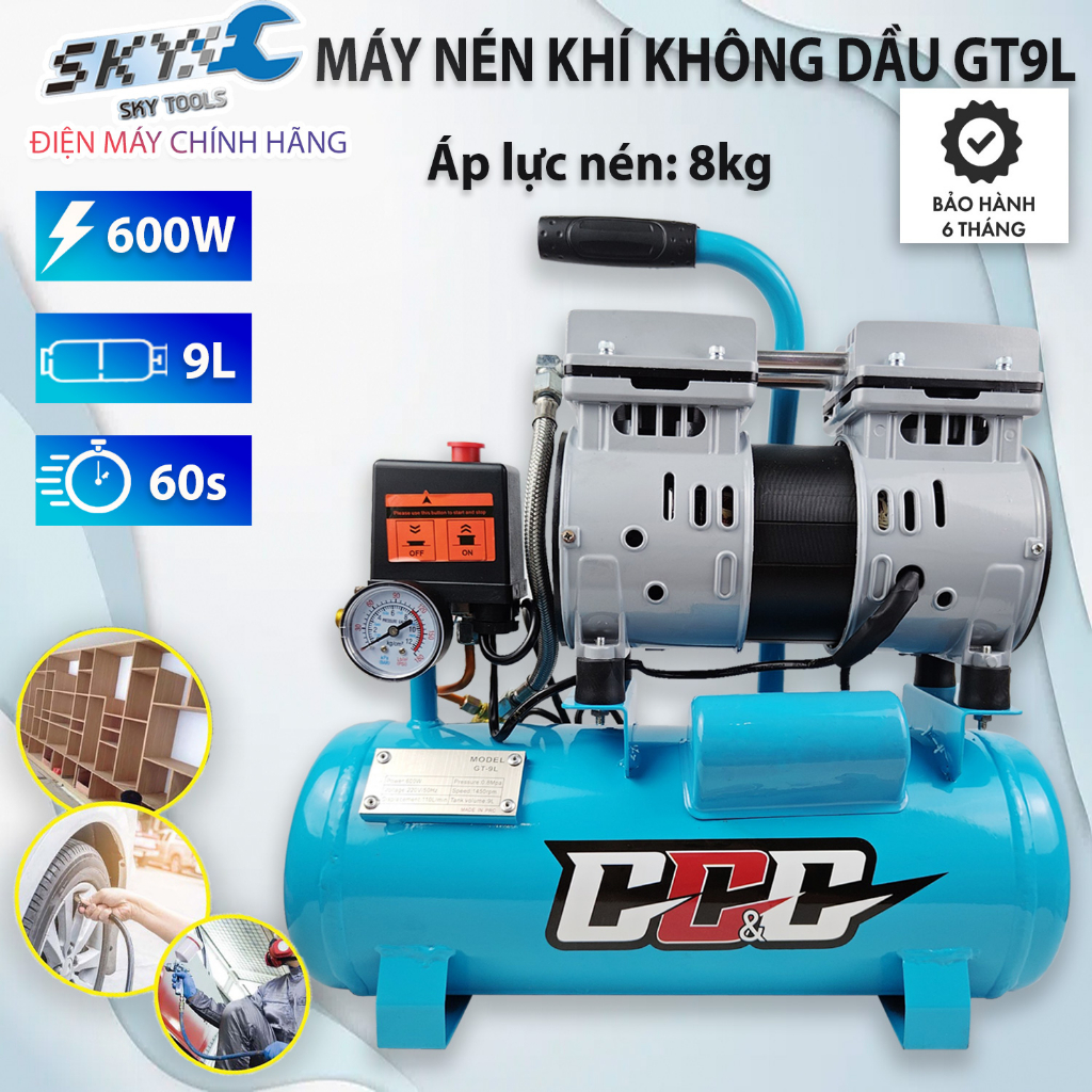 Máy nén khí không dầu, bình hơi mini dung tích 9 lít, 12 lít công suất 600w, 900w bắn đinh, bơm ...
