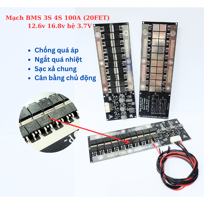 Mạch BMS 3S 4S 100A hệ pin 3.2v và 3.7V (20 FET) cân bằng chủ động, sạc ...