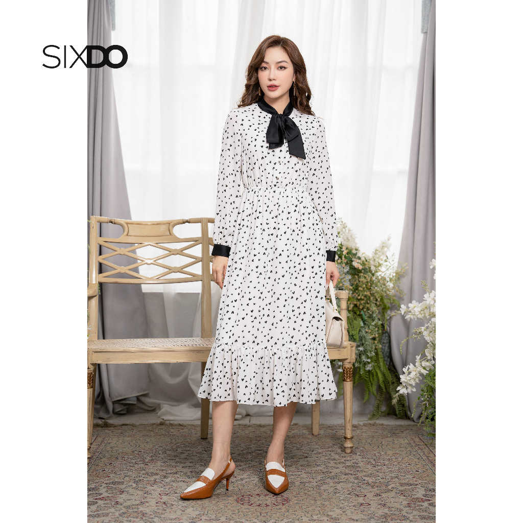 Đầm midi trắng phối nơ cổ SIXDO (White Midi Chiffon Dress With Bowtie ...
