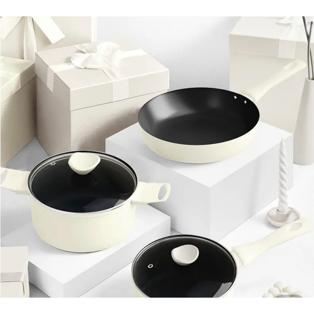 [HÀNG HÀN]Set 3 Nồi Chảo Men Trắng Chống Dính Dùng Bếp Từ Quánh Nồi ...