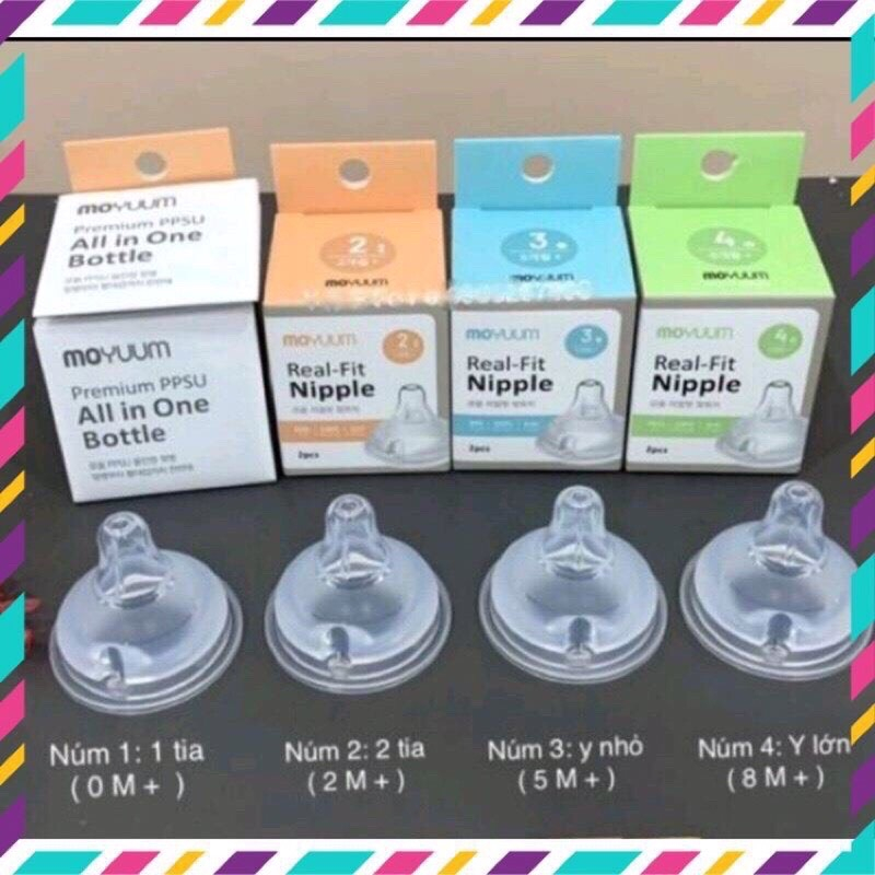 Núm ti Moyuum chính hãng chất liệu Silicon cao cấp mềm mại an toàn cho bé đủ size 1,2,3,4 ...