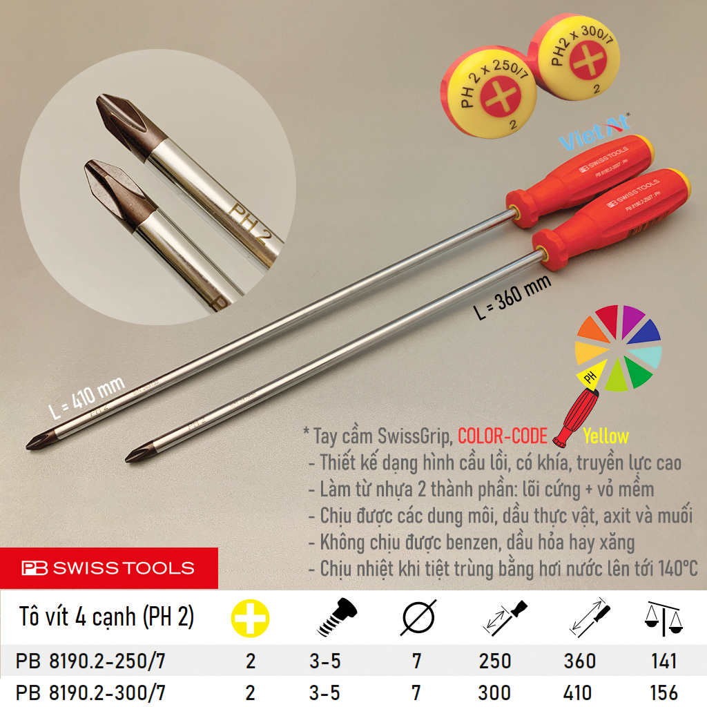 Tô vít 4 cạnh PB 8190 series (PH 2), dài 250/360-300/410mm, tay cầm ...