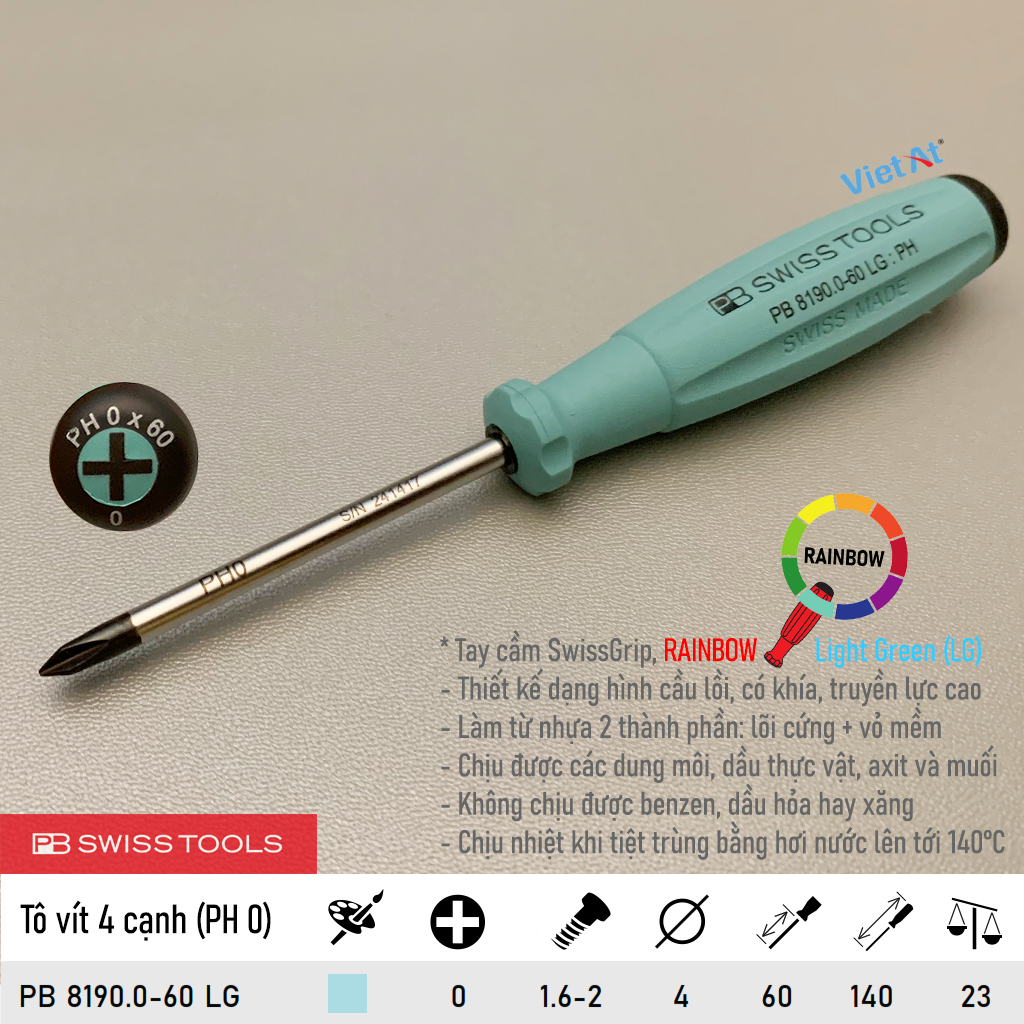 Tô vít 4 cạnh PB 8190.0-60 LG (PH 0) dài 100mm, tay cầm Rainbow ...