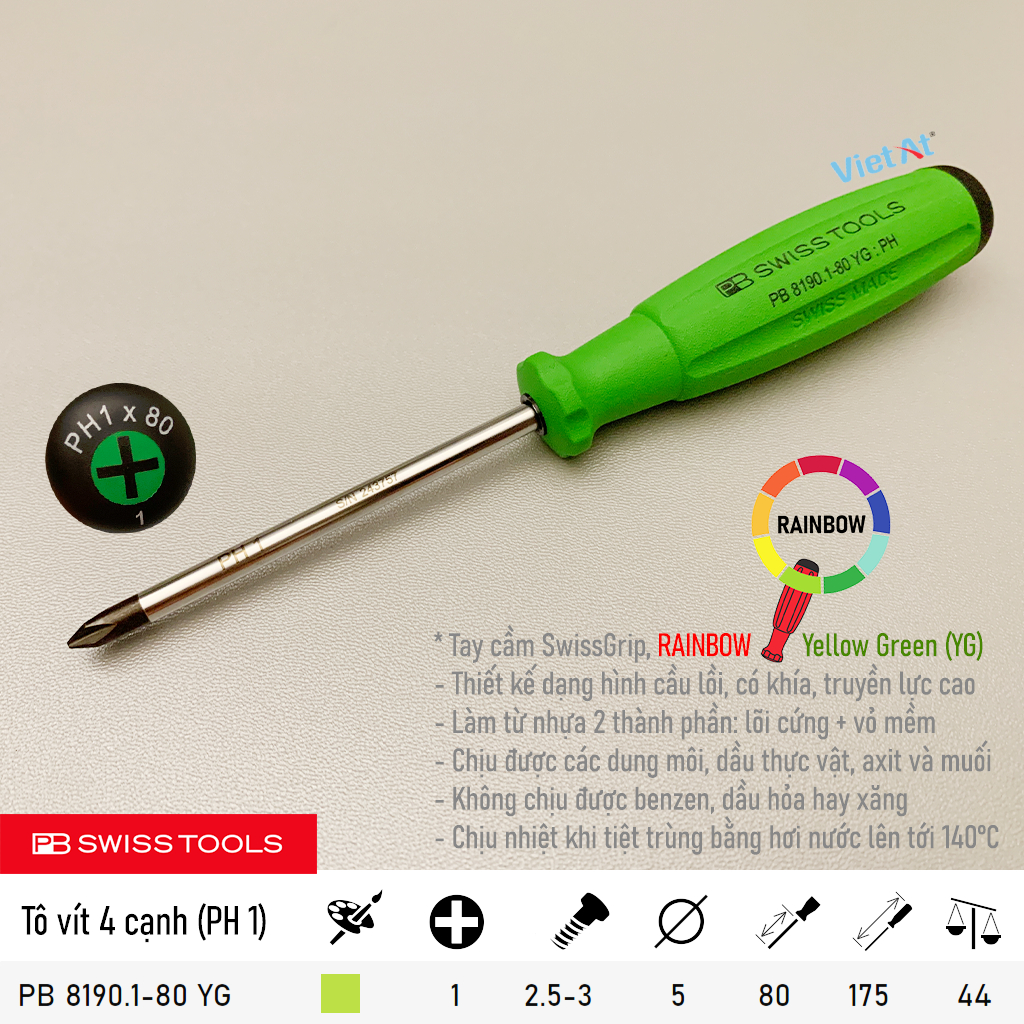 Tô vít 4 cạnh PB 8190.1-80 YG (PH 1) dài 175mm, tay cầm Rainbow ...