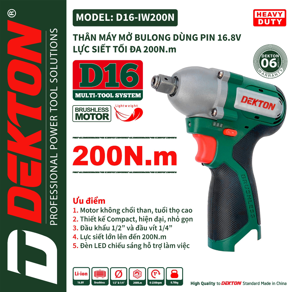 Máy Siết Bulong Dùng Pin 16.8V DEKTON 200Nm D16-IW200N - Không Chổi Than - Máy Siết Bulong 2In1 ...