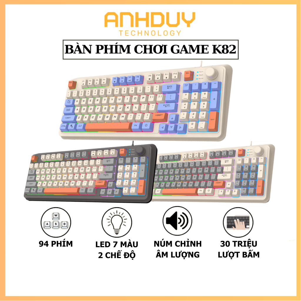 Bàn phím chơi game có dây XUNFOX K82 layout 94 phím led 7 màu 2 chế độ chỉnh có núm chỉnh âm ...